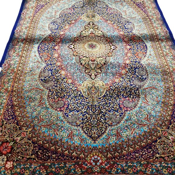 Handmade | Accents | 4x3 Persian Blue Aqua Yellow Medallion Qum Wool ...